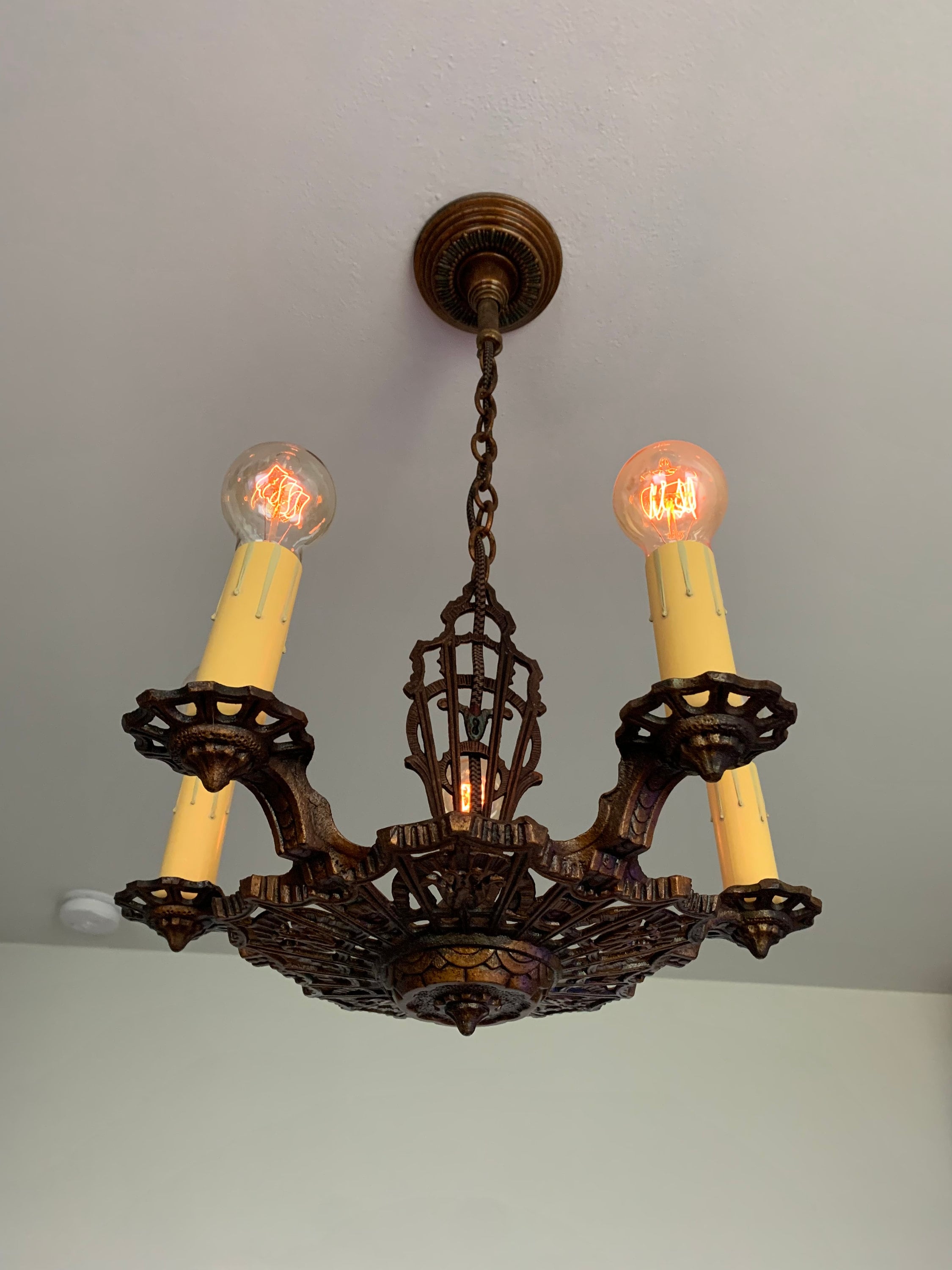 1905/07 Hanging Ceiling Light with Upright Bulbs, Heavy Cast Iron w ...