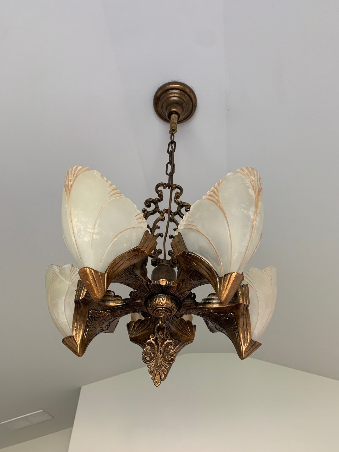 Batwing Slip Shade Hanging Chandelier, 1920's 5 Bulb Ceiling Fixture ...
