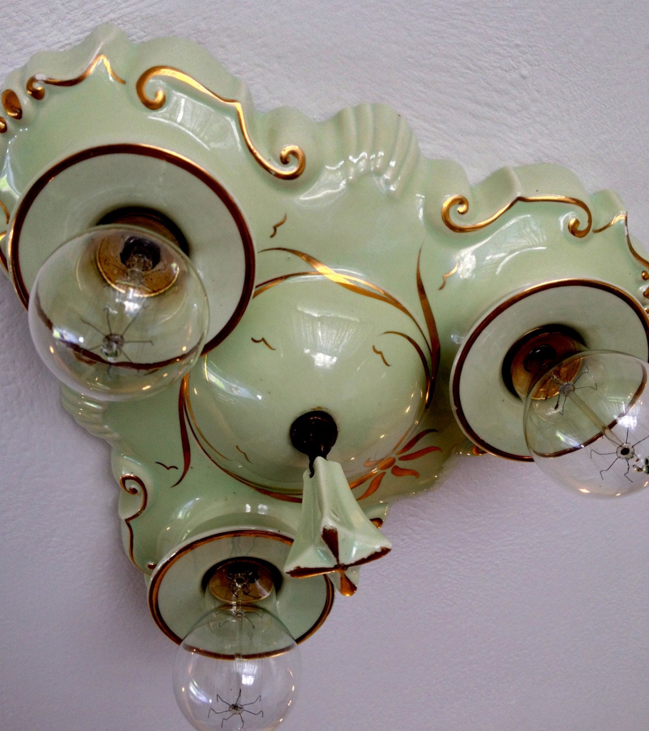 Soft Jadeite German Porcelain Flush Mount Light Fixture, Gold Accents ...