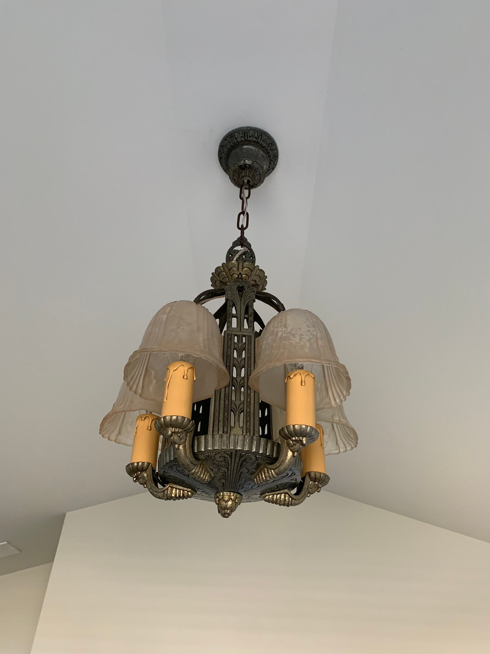 Hanging Riddle Company Slip Shade Chandelier Ceiling Fixture, 1910's ...