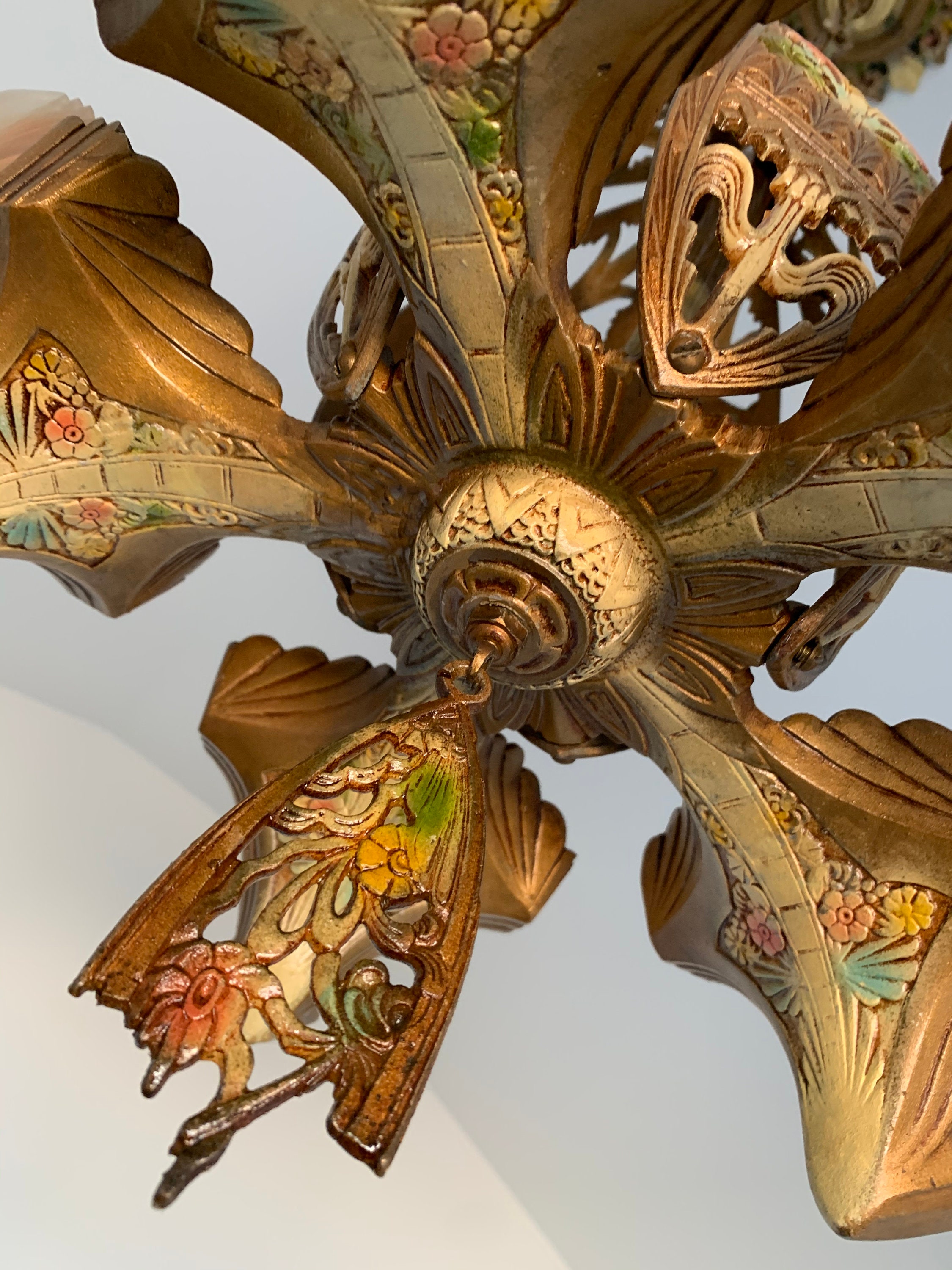 1905/07 Batwing Slip Shade Chandelier, Hanging 5 Light, Retouched ...