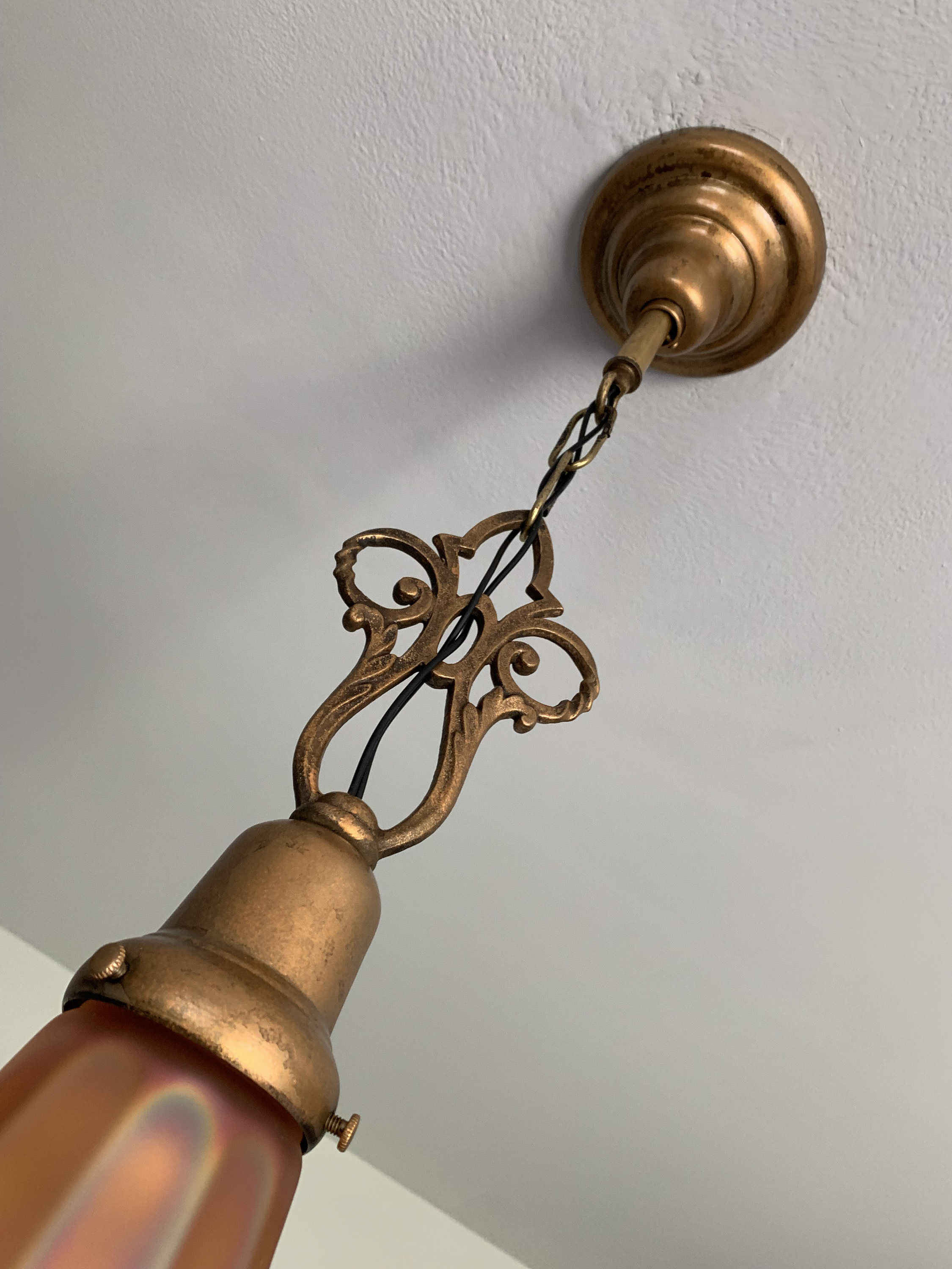 Hanging Carnival Glass Single Bulb Fixture, 1920-1923 NuArt Glass Shade ...