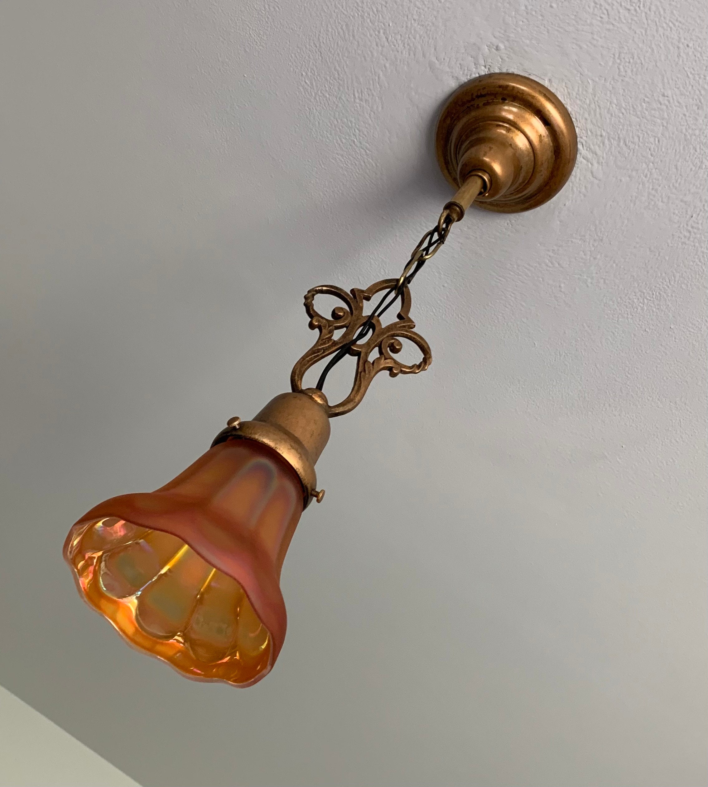 Hanging Carnival Glass Single Bulb Fixture, 1920-1923 NuArt Glass Shade ...
