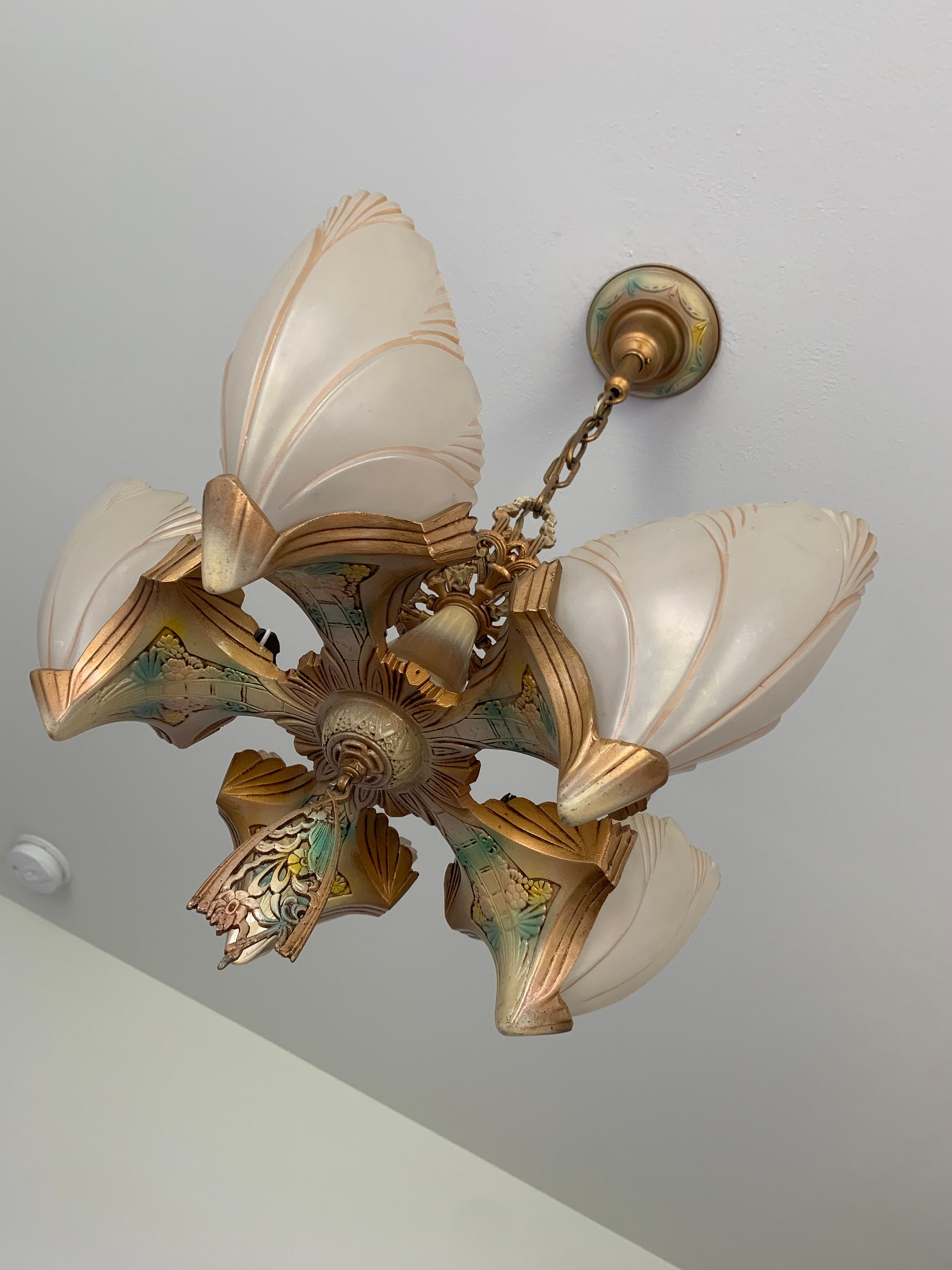 Batwing Slip Shade Hanging Chandelier, 1920's 5 Bulb Ceiling Fixture ...