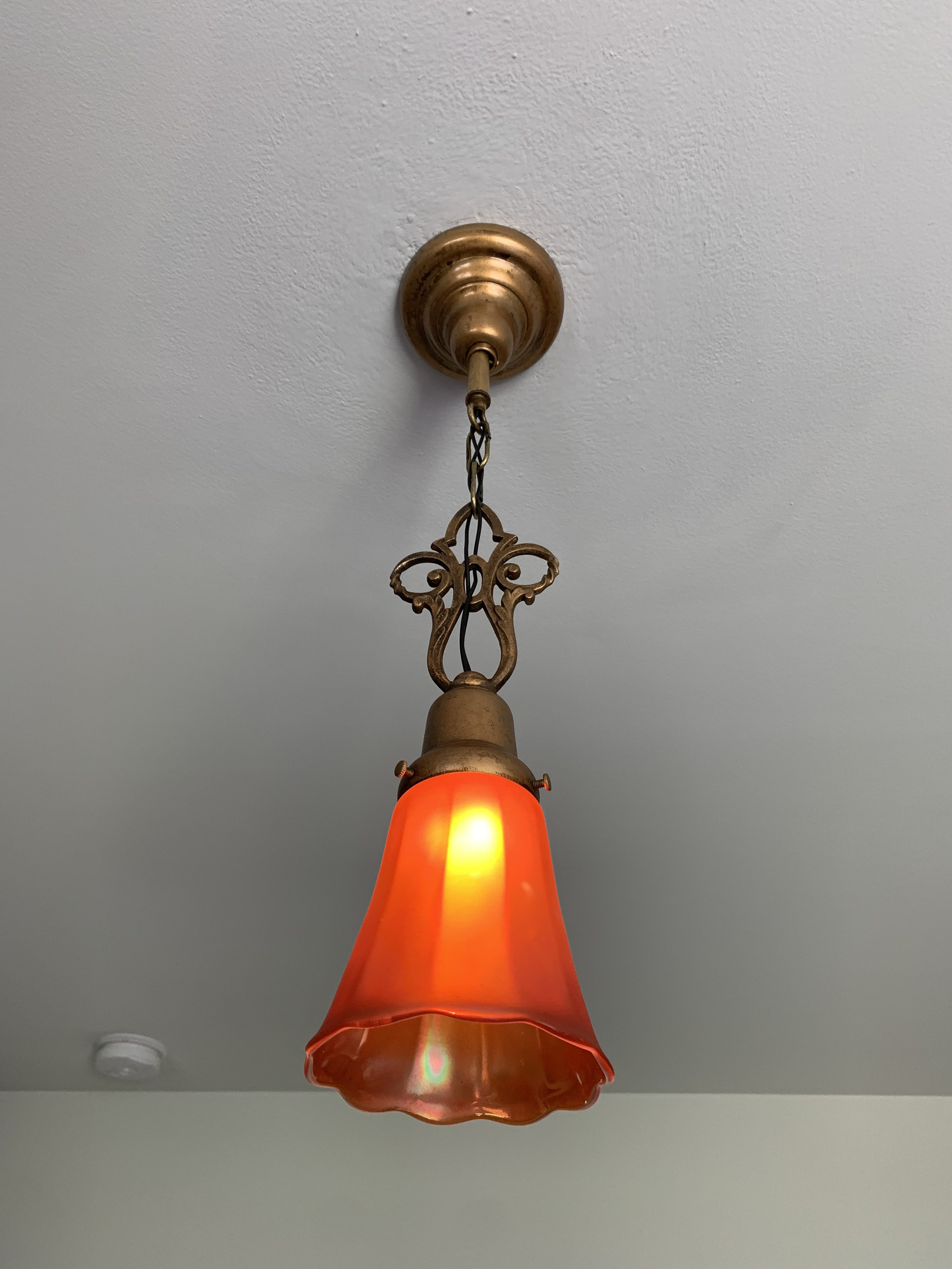 Hanging Carnival Glass Single Bulb Fixture, 1920-1923 NuArt Glass Shade ...