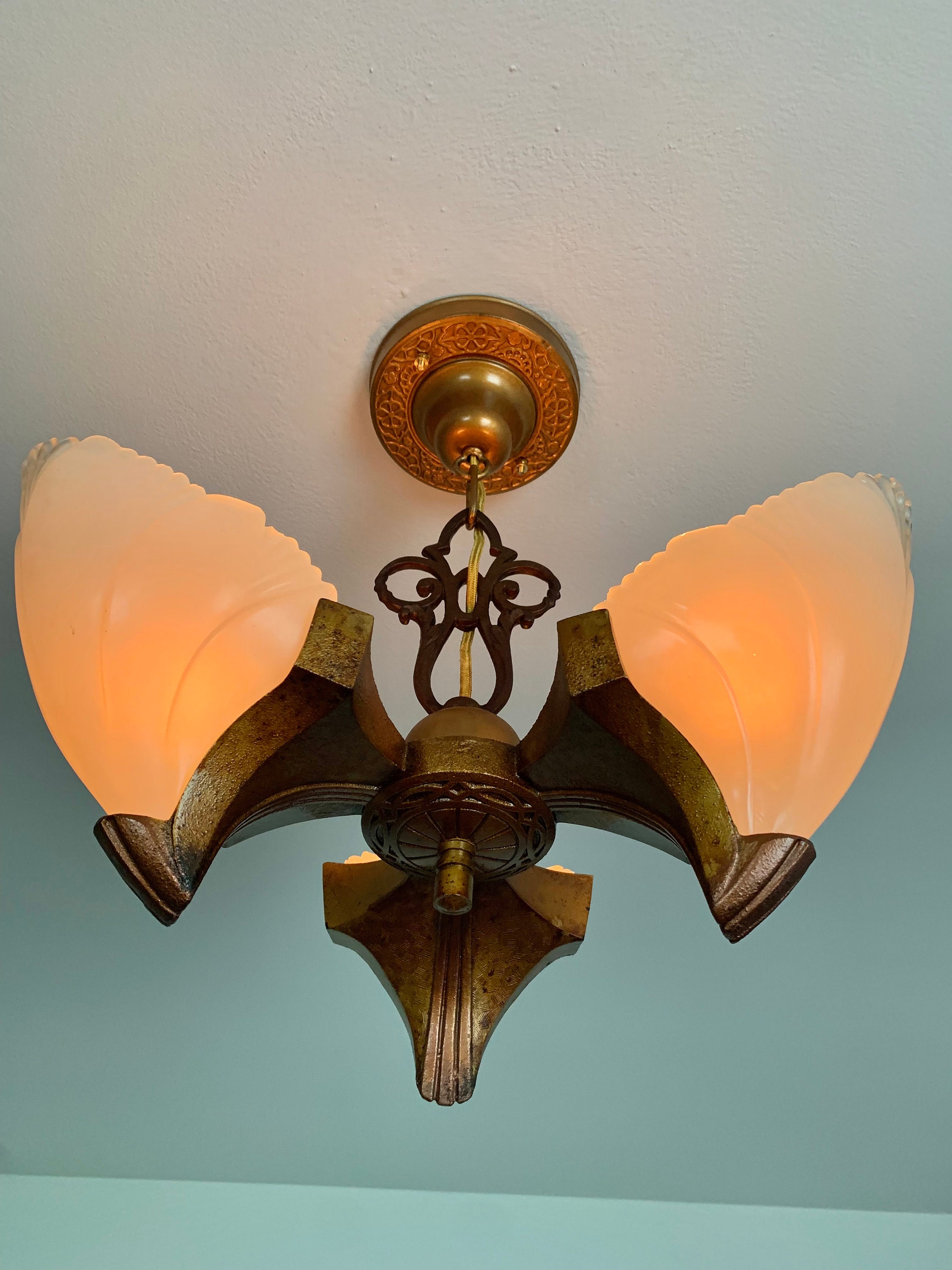 Batwing Slip Shade Hanging Chandelier, 1910's 3 Light Ceiling Fixture ...