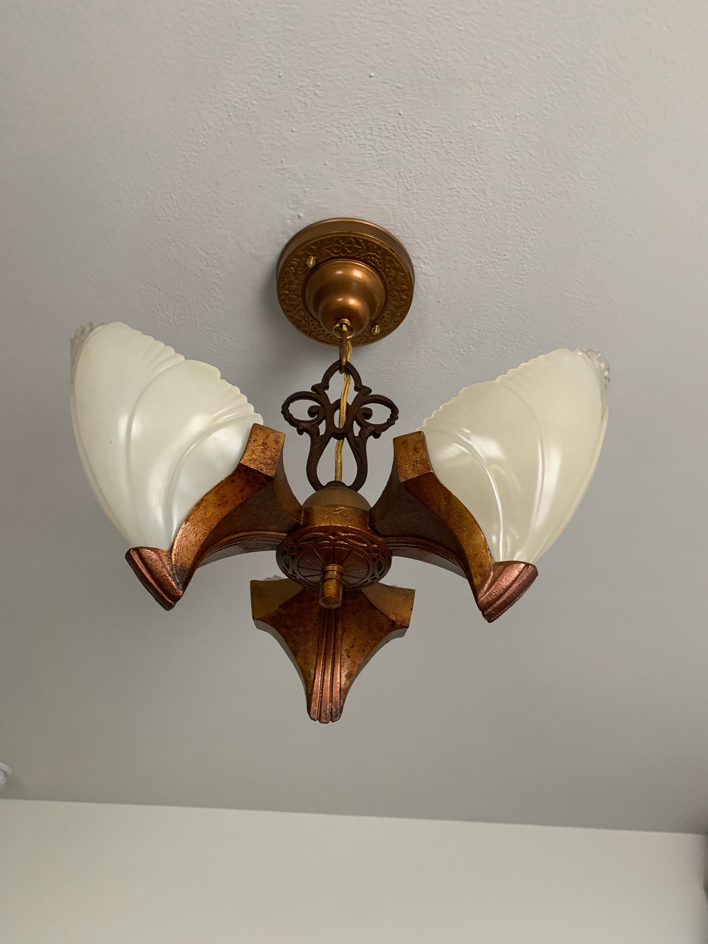 Batwing Slip Shade Hanging Chandelier, 1910's 3 Light Ceiling Fixture ...