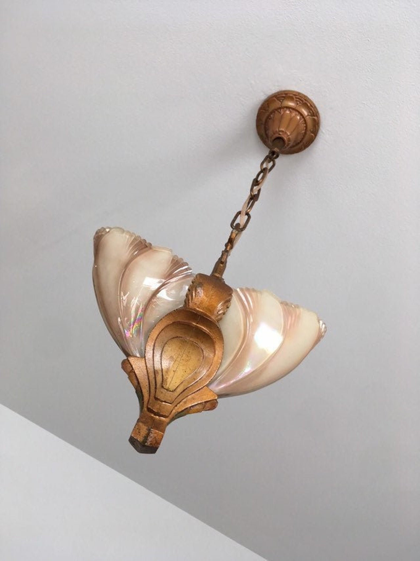 1920's Antique Art Deco Hanging Batwing Slip Shade Chandelier, Original ...