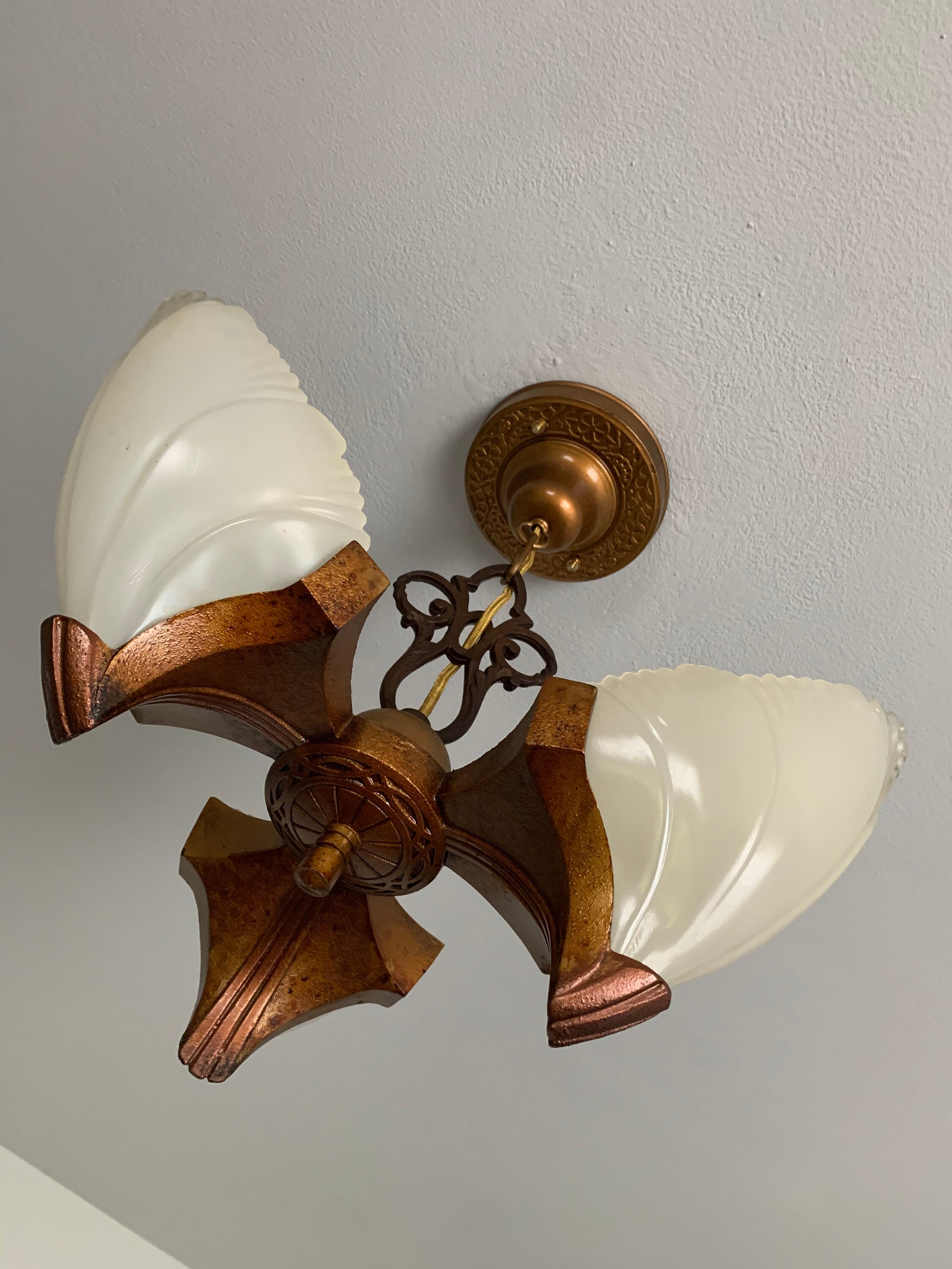 Batwing Slip Shade Hanging Chandelier, 1910's 3 Light Ceiling Fixture ...