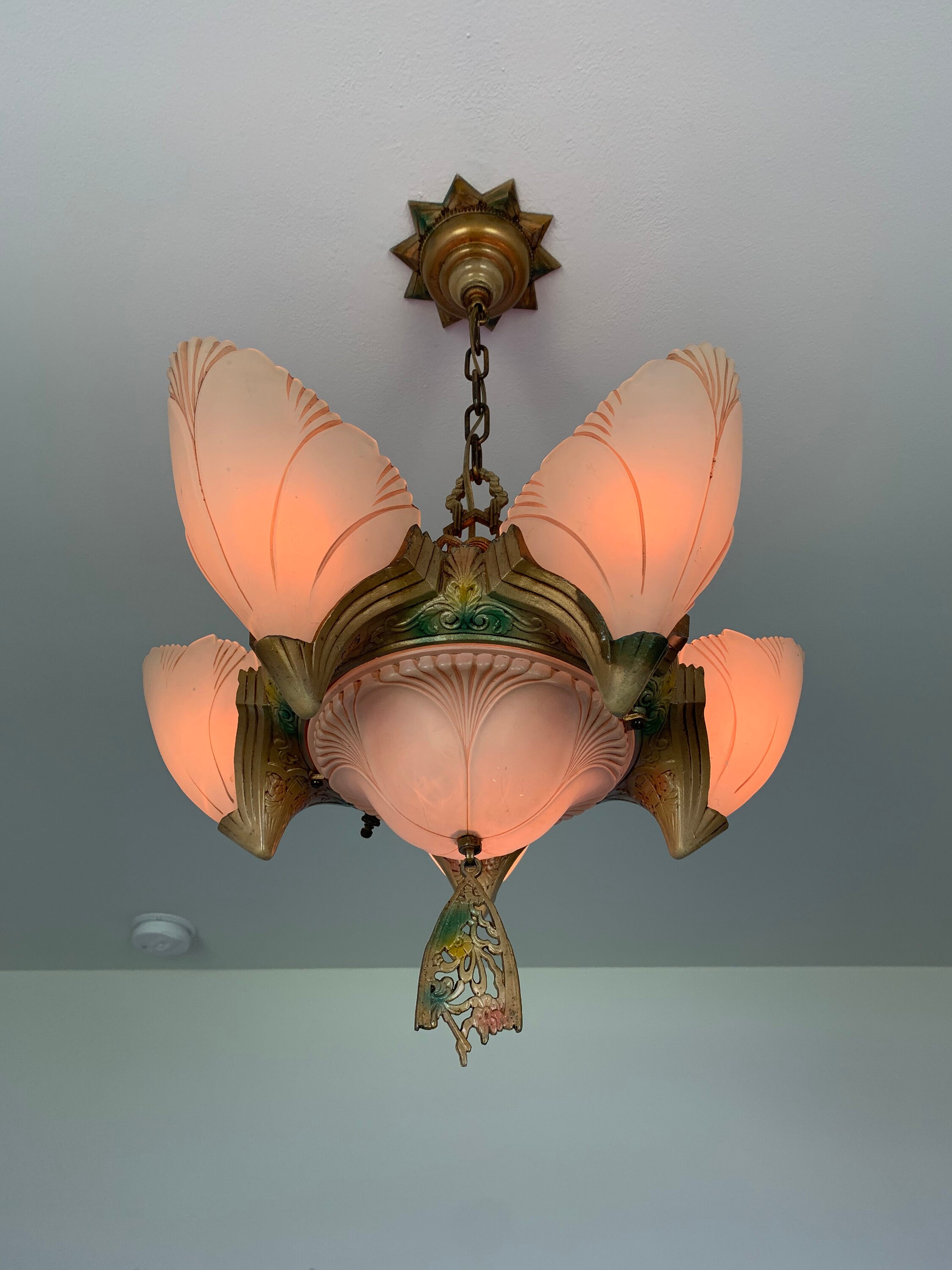 Batwing Slip Shade Hanging Chandelier, 1920's 6 Bulb Ceiling Fixture ...