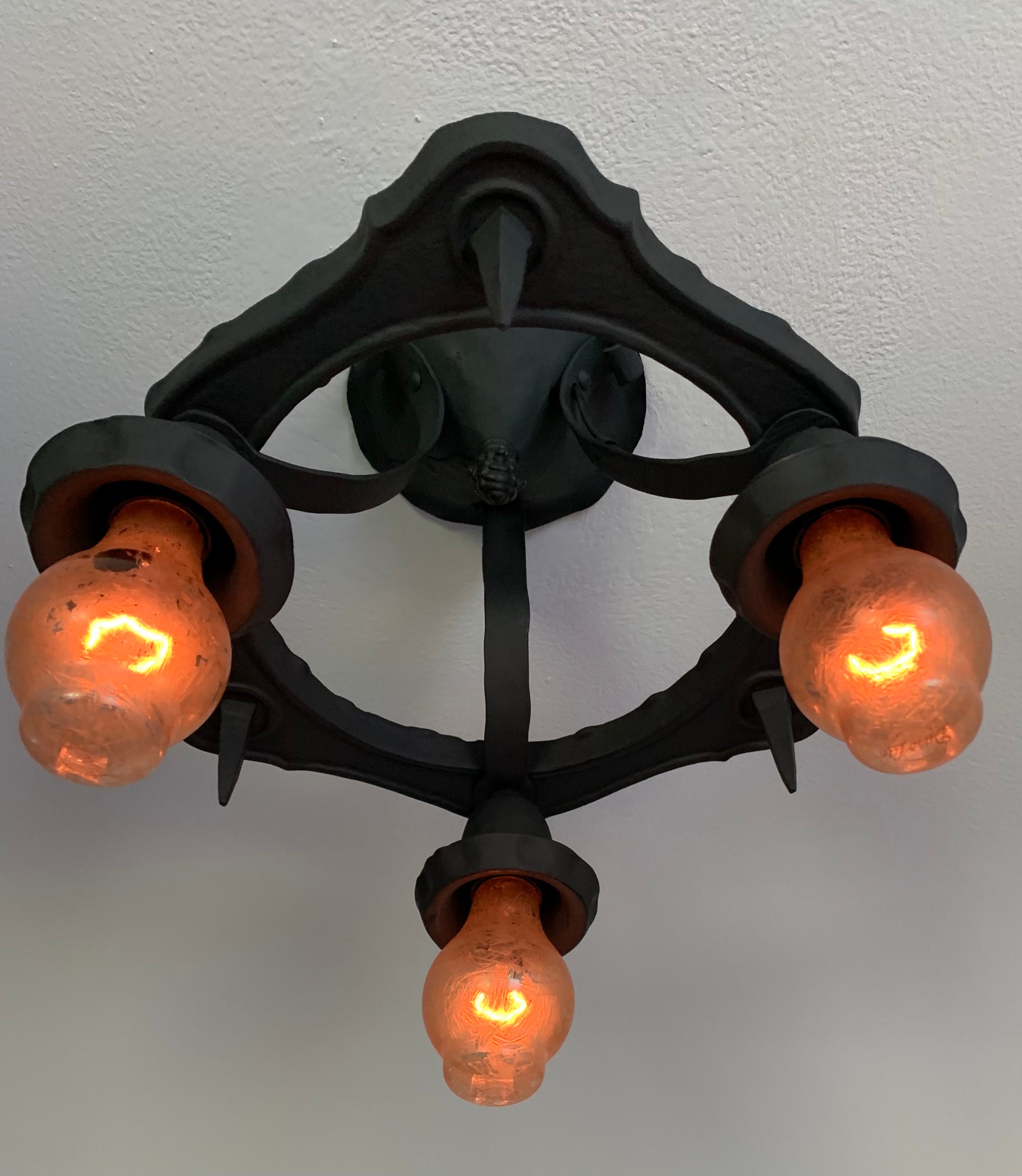 Gothic Medieval Semi-Flush 3 Bulb Ceiling Fixture, 1910's Cast Iron ...