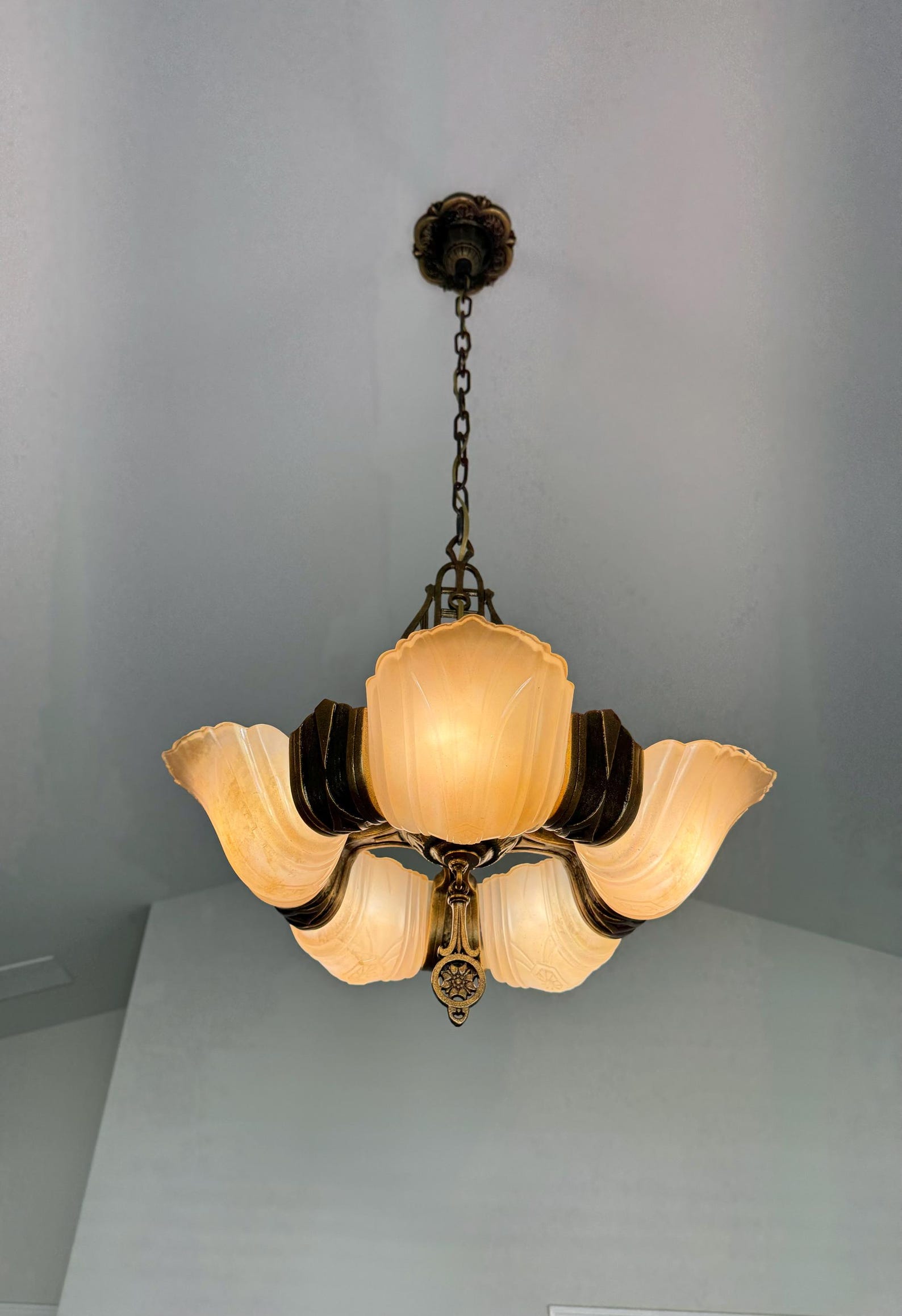Antique Hanging Slip Shade Ceiling Fixture, 1910's Original Bronze ...