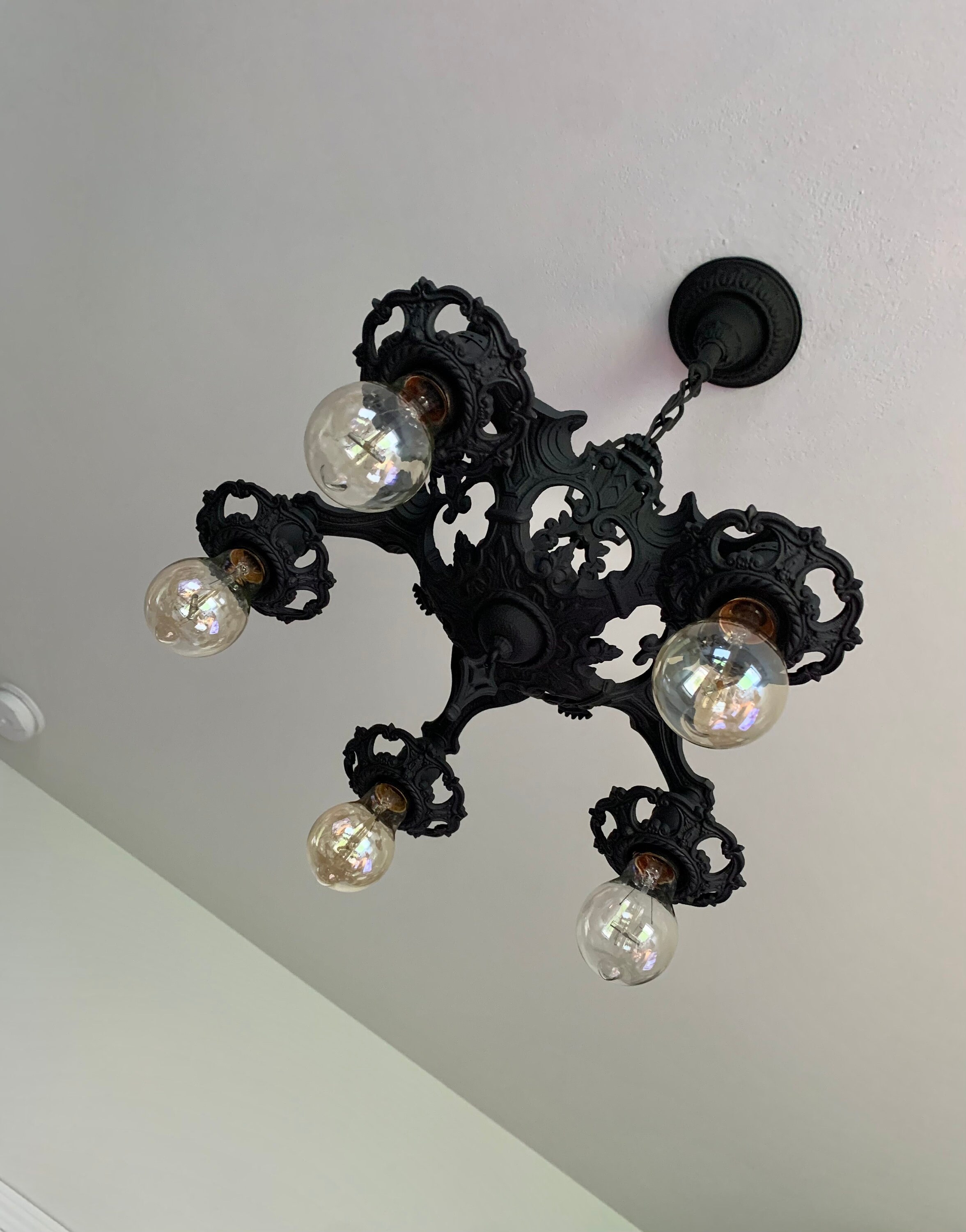 Antique Hanging Ceiling Fixture, 1907 Heavy Cast Iron, Charcoal Black ...