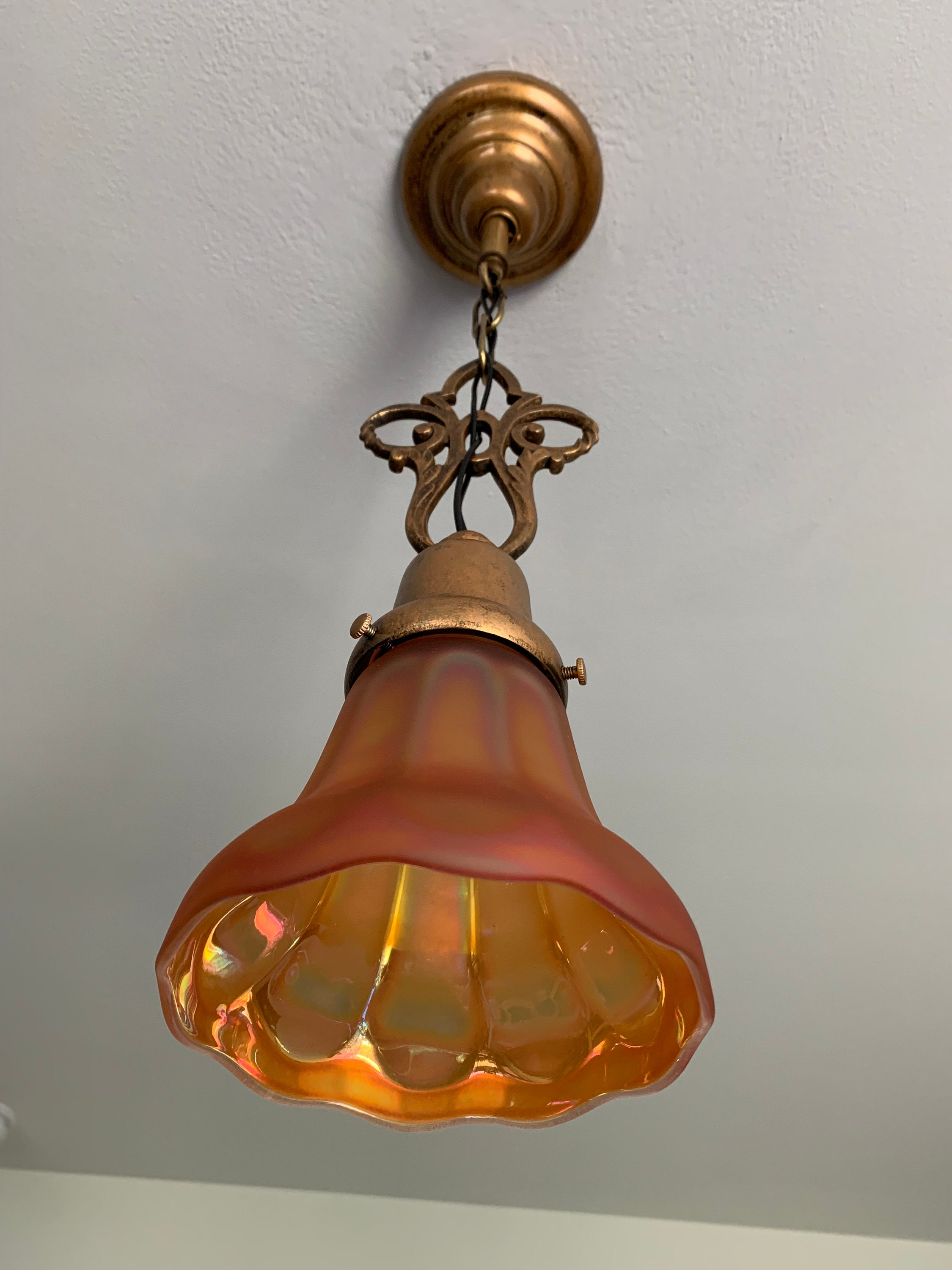 Hanging Carnival Glass Single Bulb Fixture, 1920-1923 NuArt Glass Shade ...
