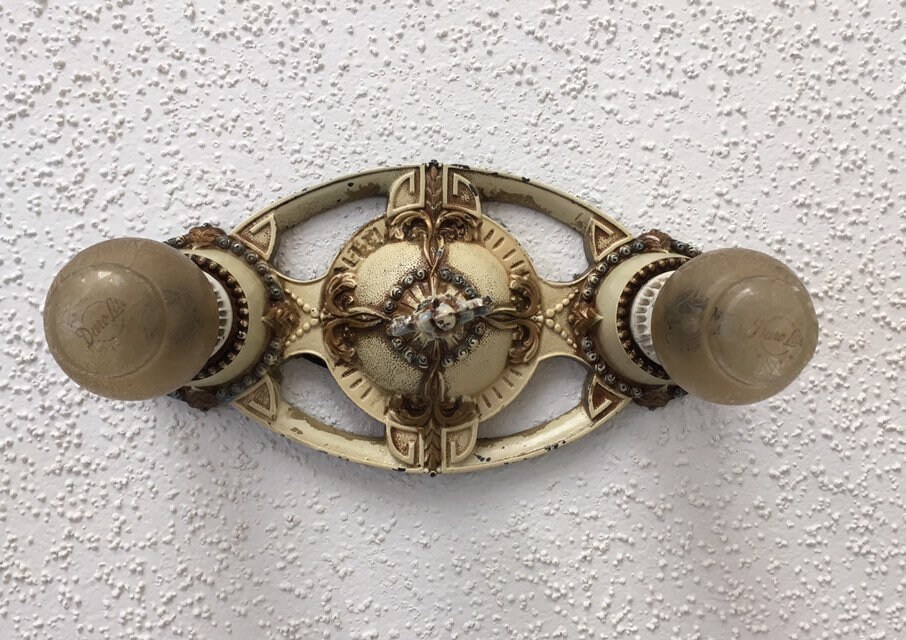 1910's Antique Cast Iron Flush Mount Light Fixture, Cream & Robin's Egg ...