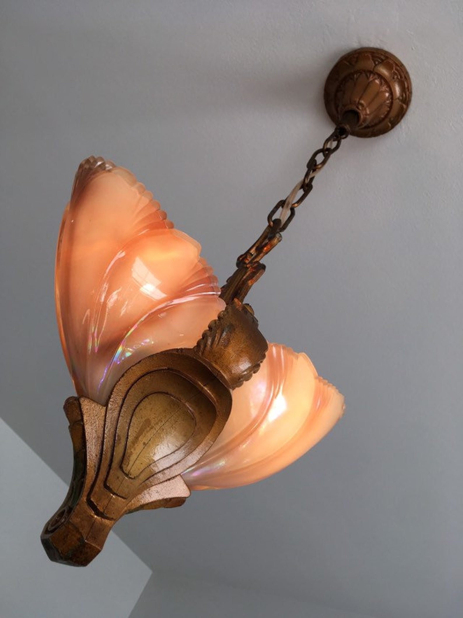 1920's Antique Art Deco Hanging Batwing Slip Shade Chandelier, Original ...