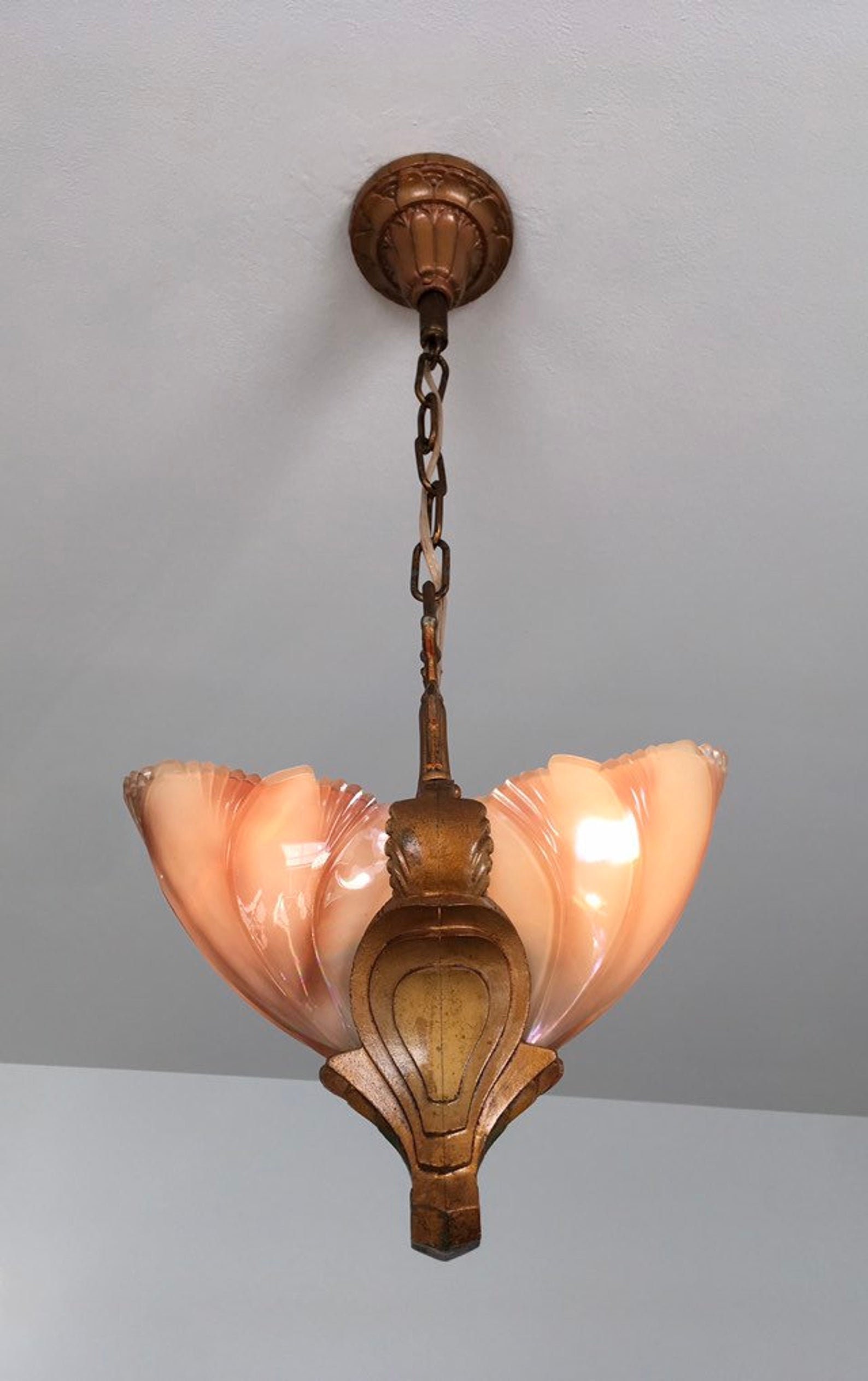 1920's Antique Art Deco Hanging Batwing Slip Shade Chandelier, Original ...
