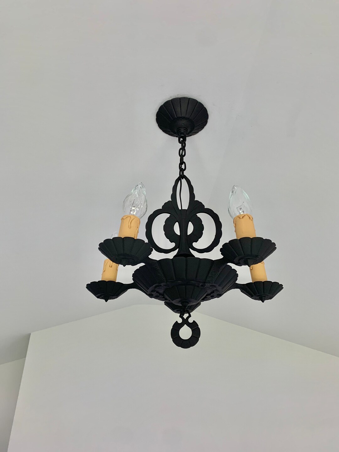Art Deco Hanging Ceiling Fixture, Upright Bulbs, 1910's Cast Iron ...