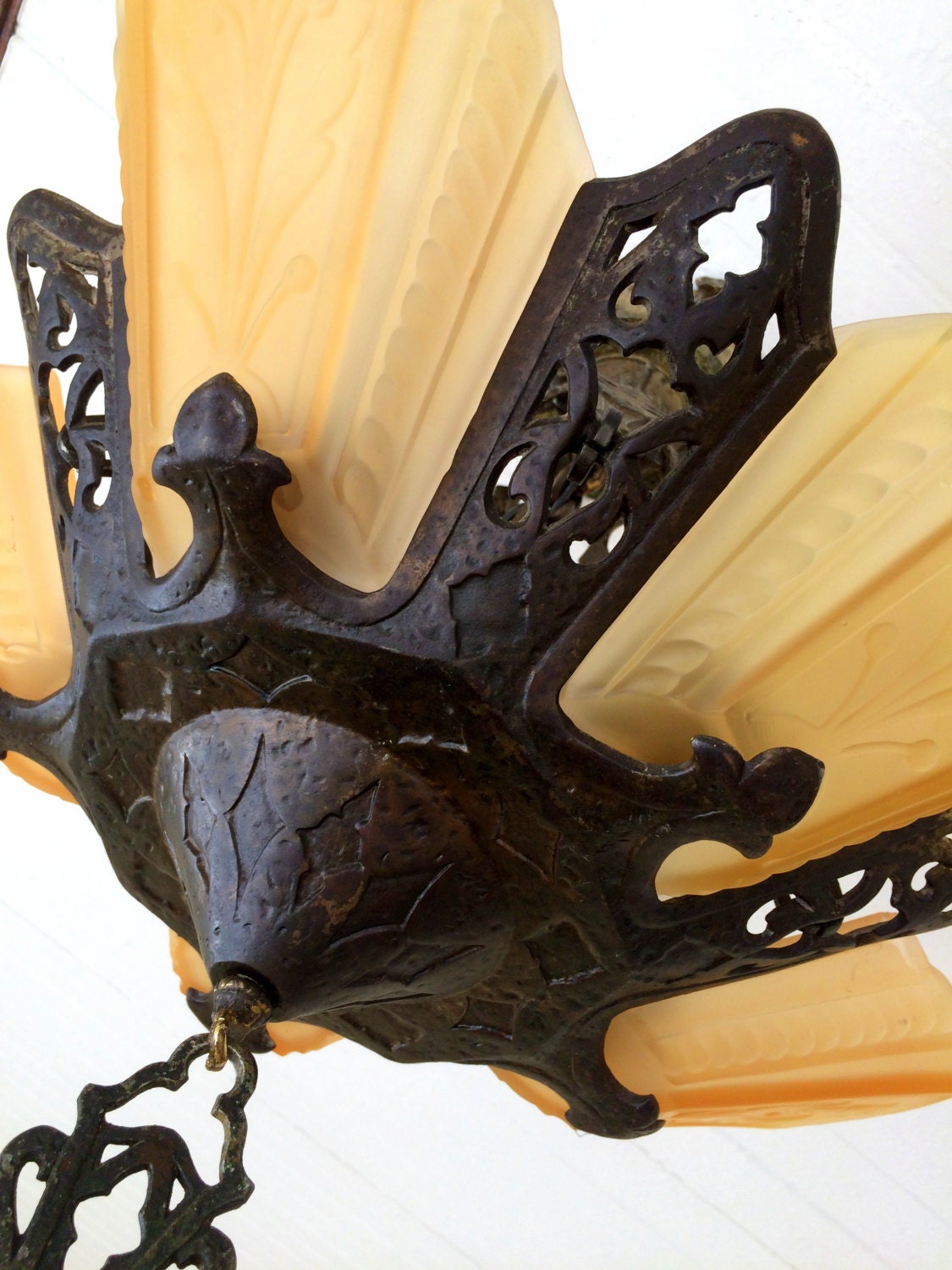 Gothic French Medieval Slip Shade Chandleir, 1920's, Patina, Original Decor