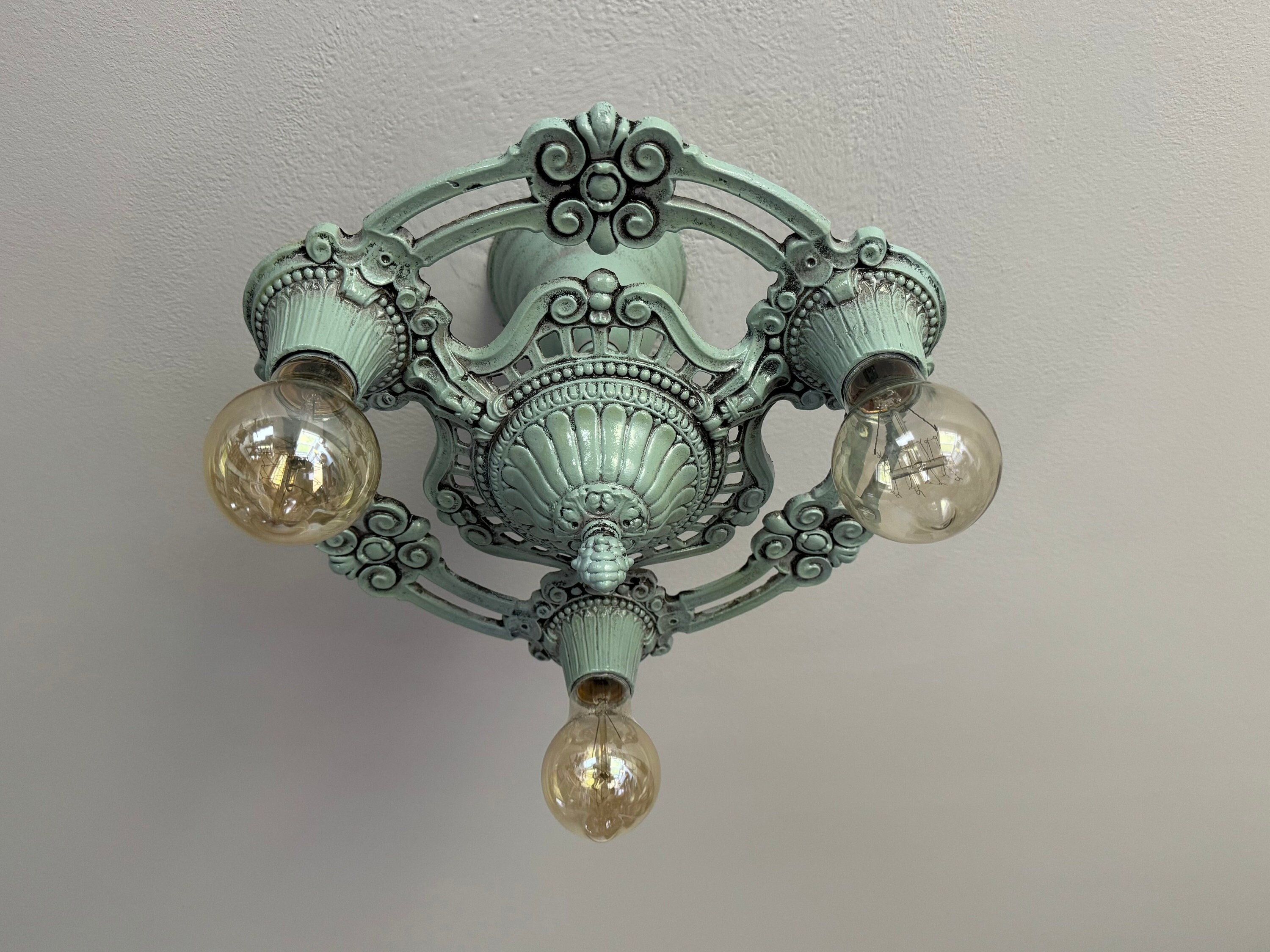 Semi-Flush Mount Ceiling Light, 1910's Cast Metal, Refinished Robin Egg ...