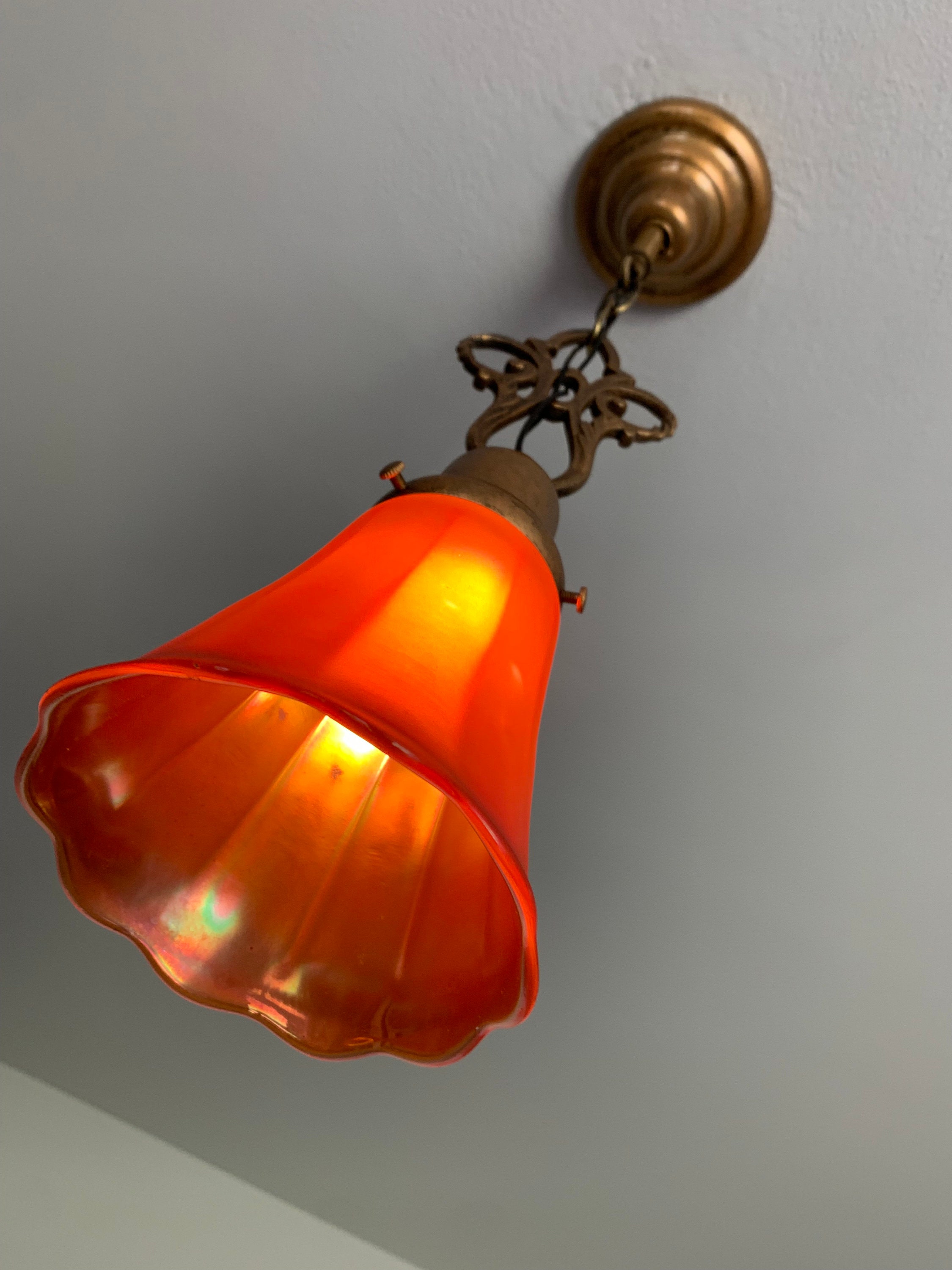 Hanging Carnival Glass Single Bulb Fixture, 1920-1923 NuArt Glass Shade ...