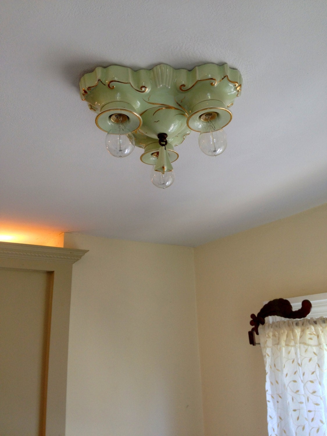 Soft Jadeite German Porcelain Flush Mount Light Fixture, Gold Accents ...