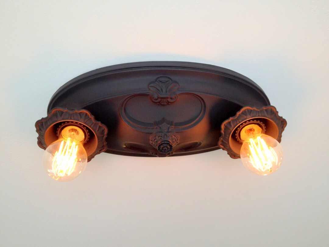 Farmhouse Antique Flush Mount Light Fixture, Two Bulb Pressed Brass, 1930's, Charcoal Black ...