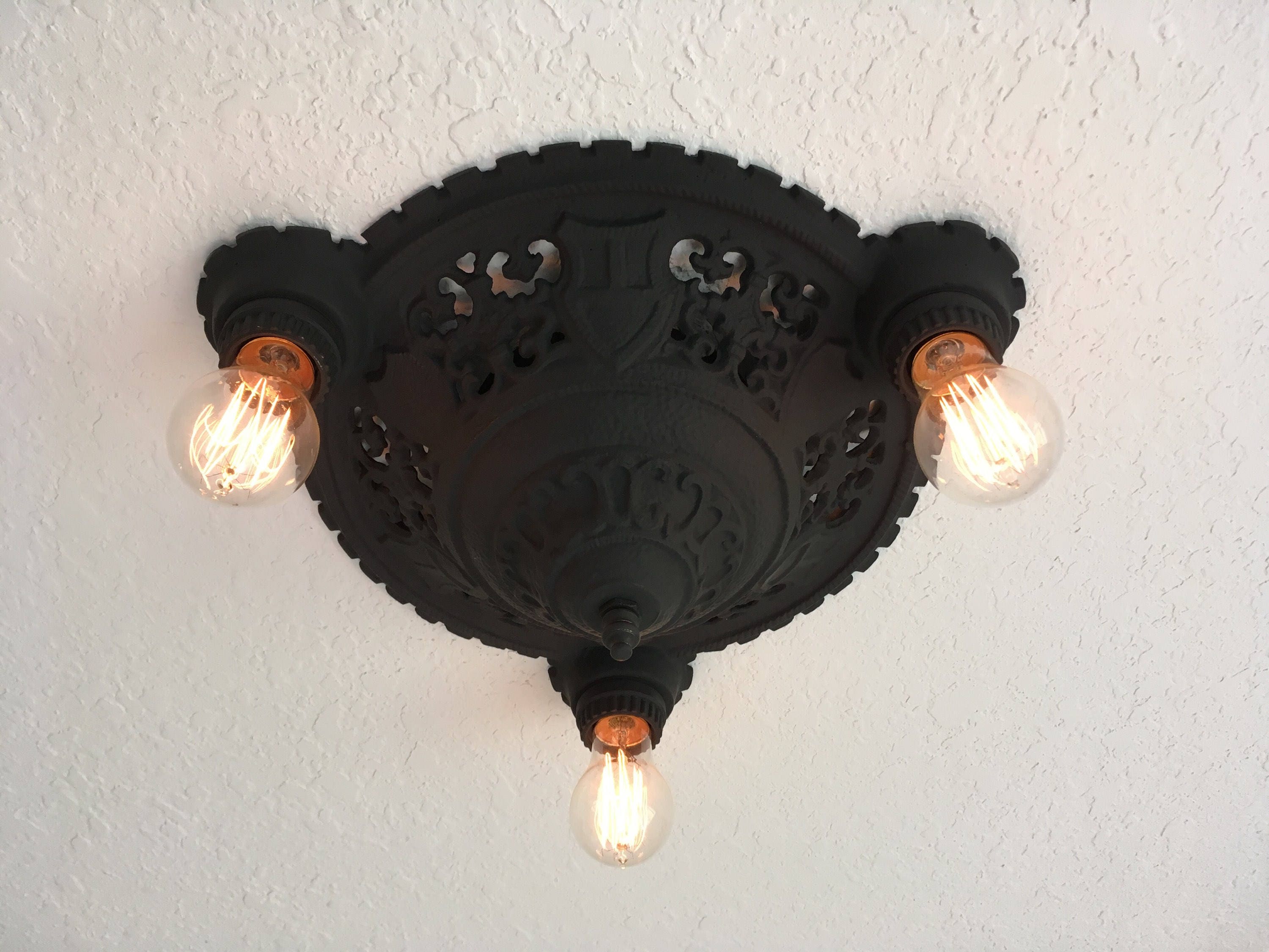 English Tudor Flush Mount Ceiling Fixture, Three Bulb, Heavy Cast Iron ...