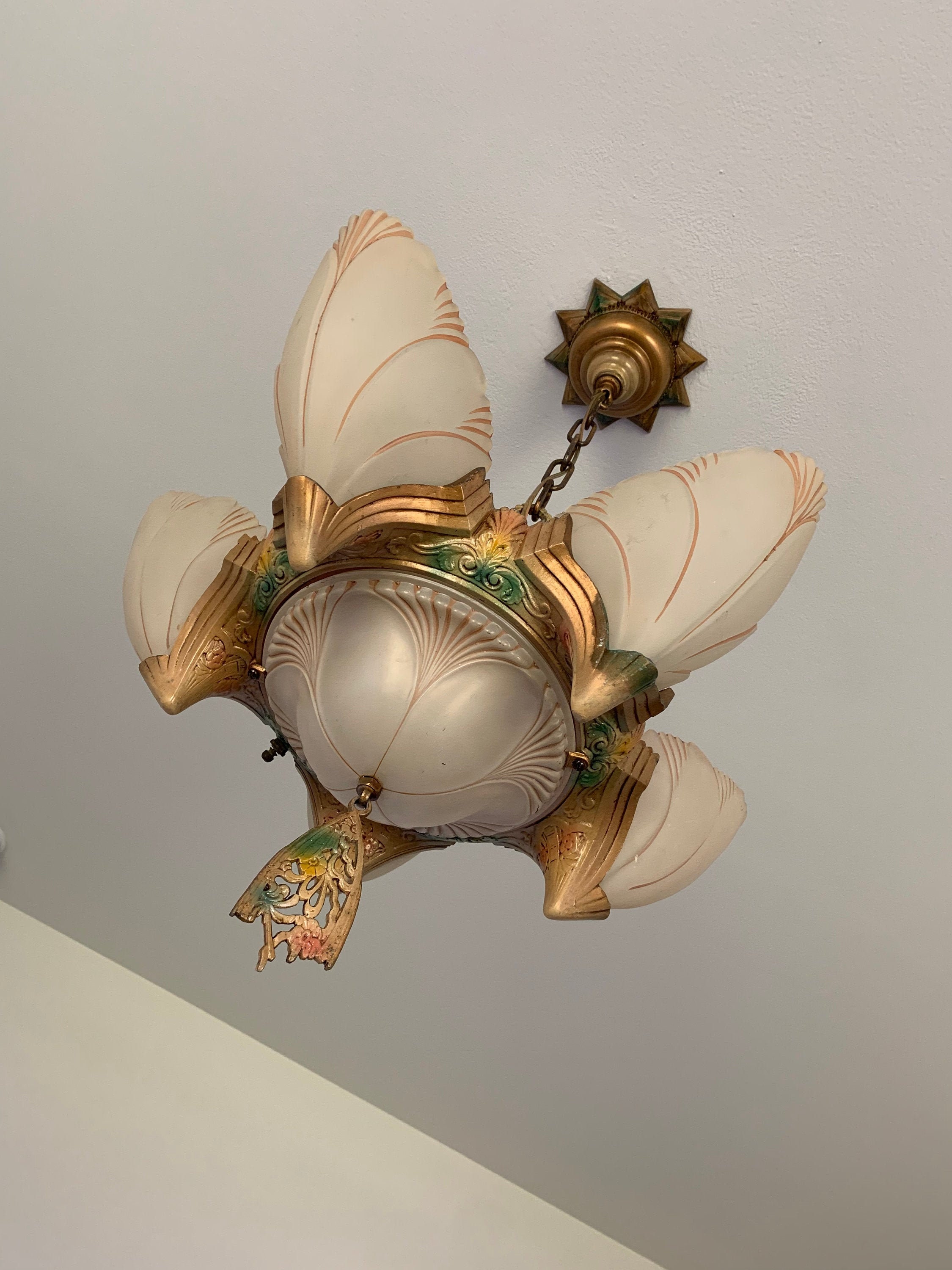 Batwing Slip Shade Hanging Chandelier, 1920's 6 Bulb Ceiling Fixture ...