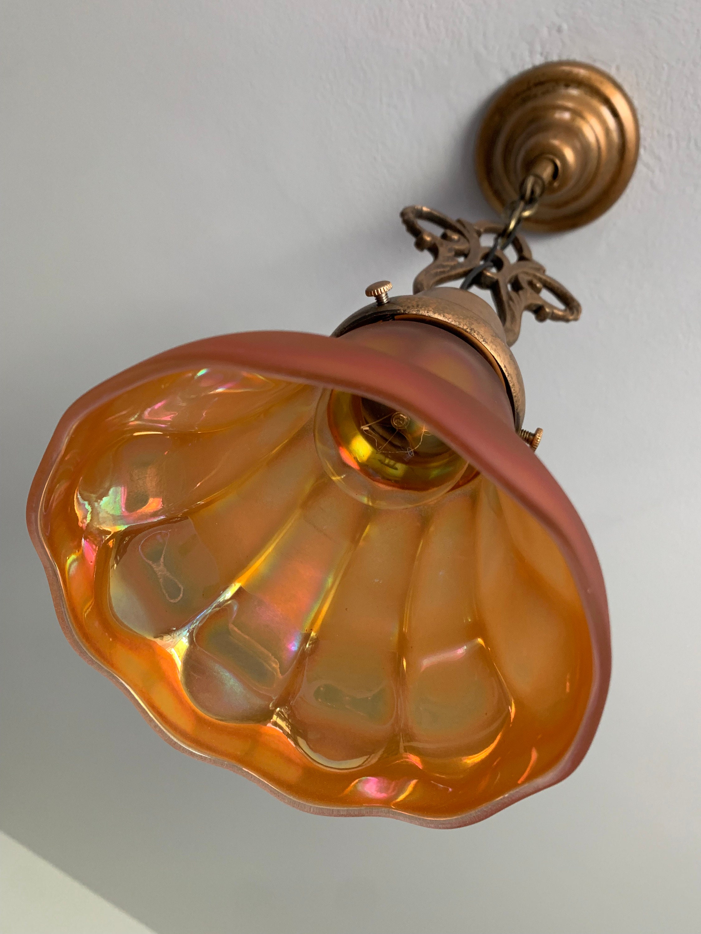 Hanging Carnival Glass Single Bulb Fixture, 1920-1923 NuArt Glass Shade ...