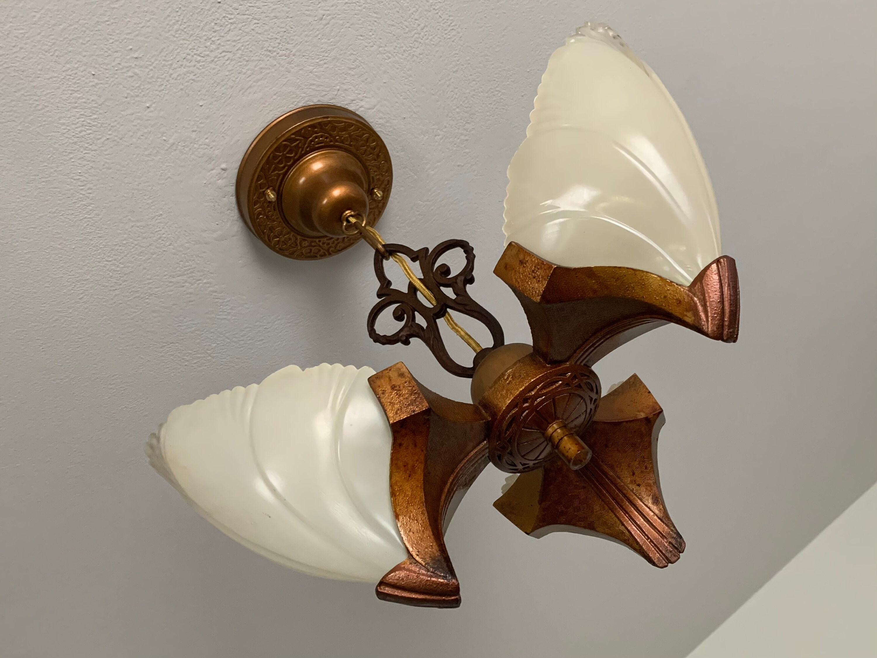 Batwing Slip Shade Hanging Chandelier, 1910's 3 Light Ceiling Fixture ...