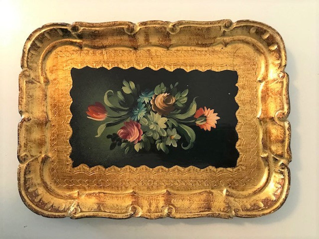 Vintage Italian Wooden Florentine Tray Hand-painted Gold and Black With ...