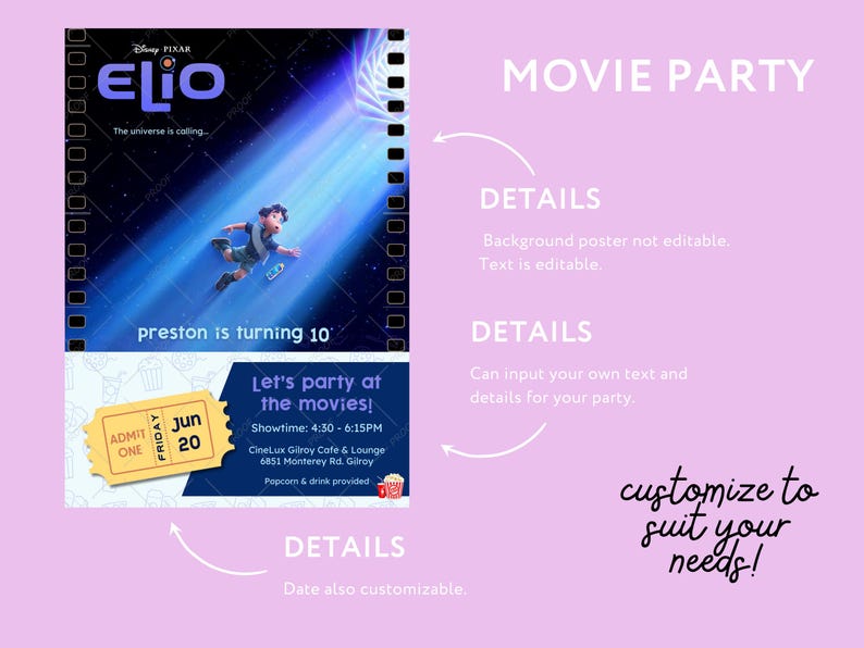 Elio Movie Ticket Birthday Party Invitation – Editable Canva Template ...