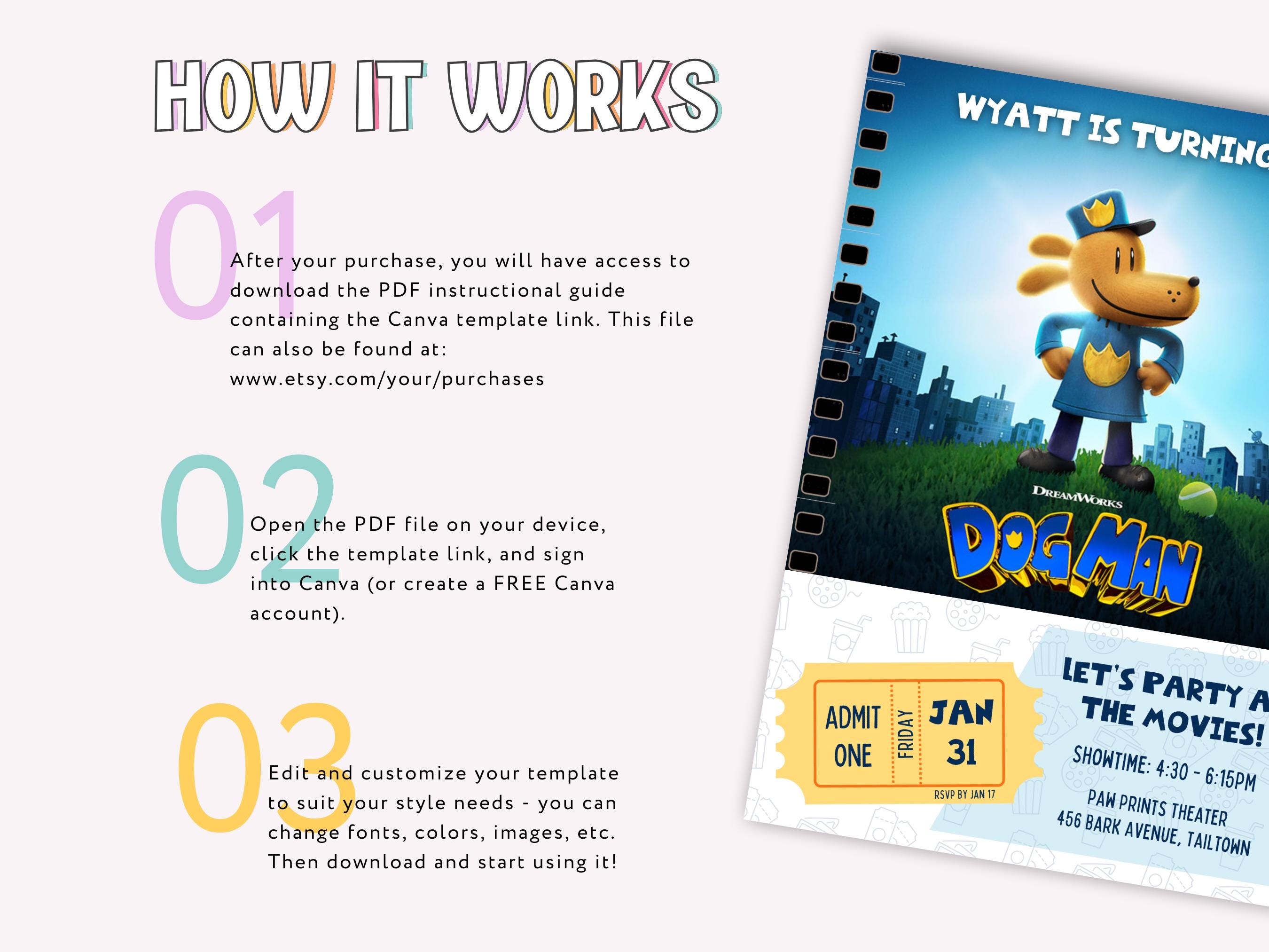 Dog Man Movie Ticket Birthday Party Invitation – Editable Canva ...
