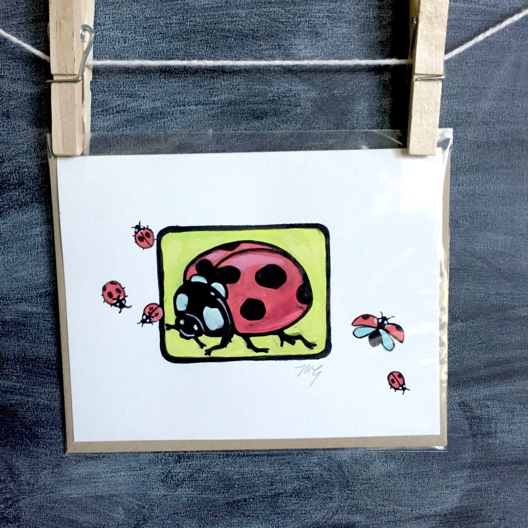 Hand Painted Lady Bug Card, Original Miniature Painting, lana 4, Blank ...