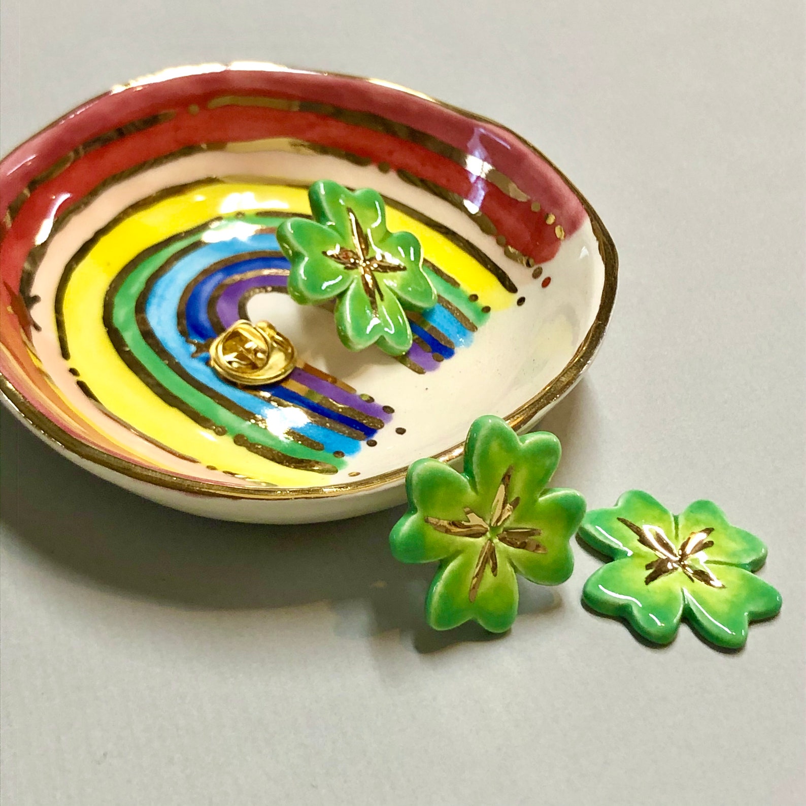 Four Leaf Clover Pin Ceramic & 22k Gold St. Patrick's - Etsy