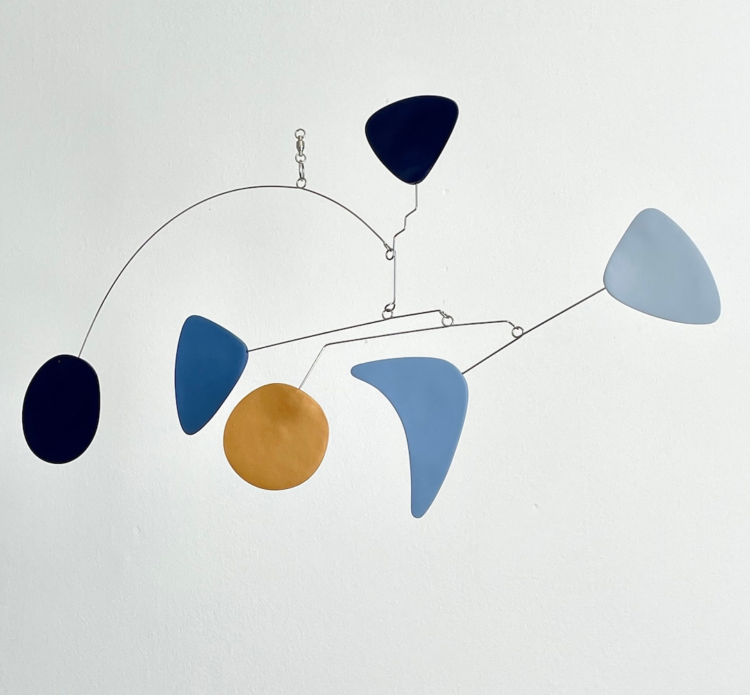 Abstract Art Hanging Mobile, Gold and Shades of Blue, Kinetic Mobile ...