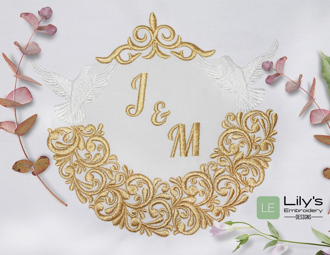 Large Wedding Monogram Frame With Doves Machine Embroidery Design - 5 ...