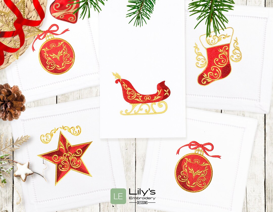 Christmas Machine Embroidery Design | Red and Gold Ornaments 4X4 Hoop ...
