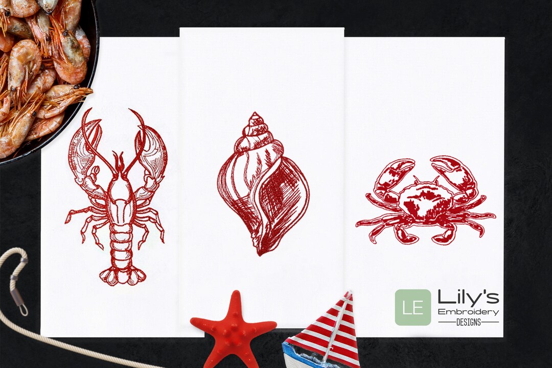 Machine Embroidery Design - Crab , Lobster and Seashell Set Machine ...