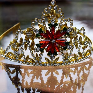 Christmas Tiara, Poinsettia Crown, Holiday Pageant Crown, Gold ...