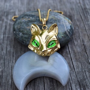 Gold Cat Head Green Eyes Necklace, Gift for Cats Fan, Cat Face With ...