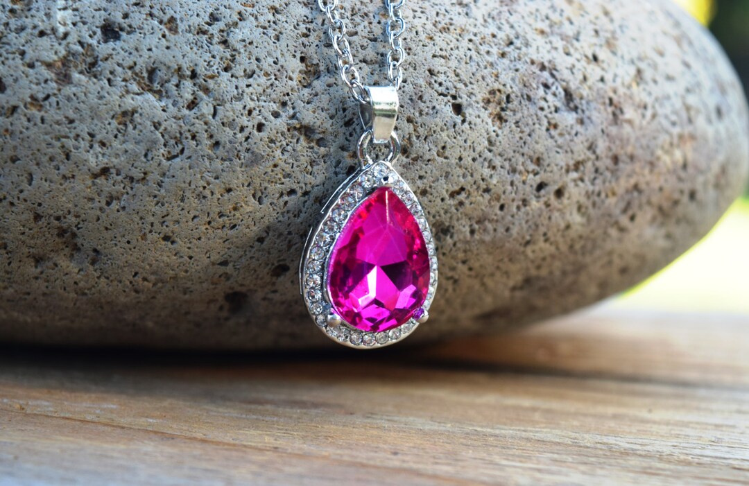 New Sofia Pink Amulet Necklace, Dark Pink Rhinestone Tear Drop Necklace ...