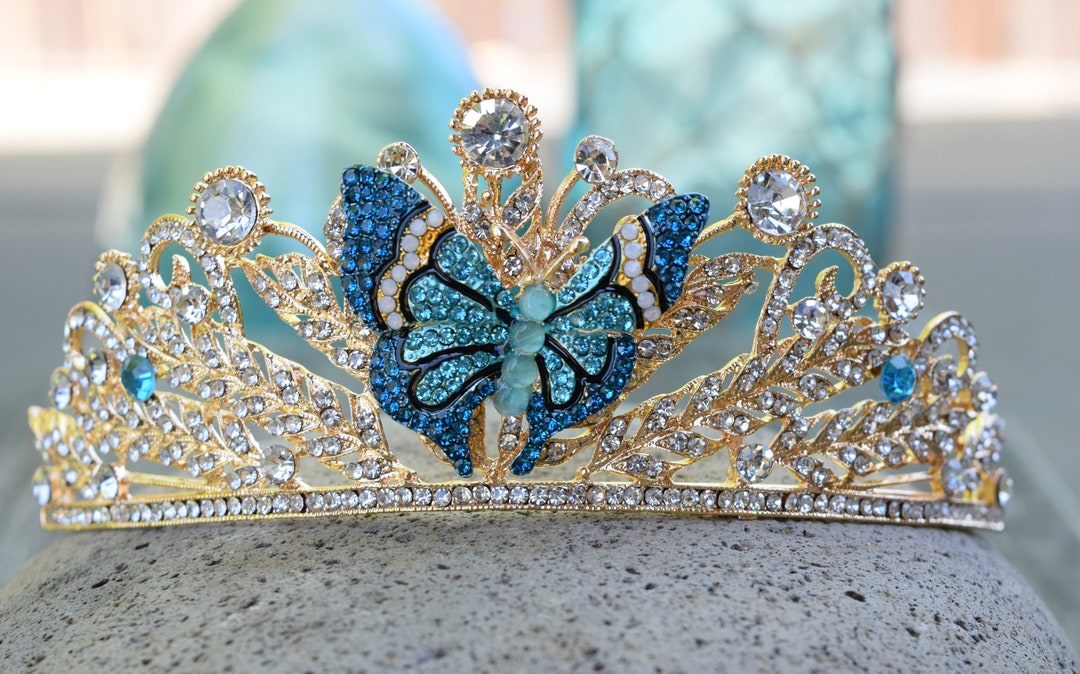 Blue Butterfly Crown Gold Butterfly Tiara Something Blue - Etsy