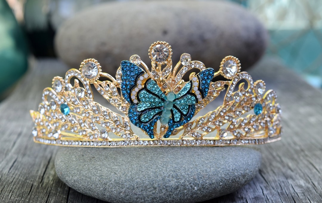 Blue Butterfly Crown, Gold Butterfly Tiara, Something Blue, Flower Girl ...