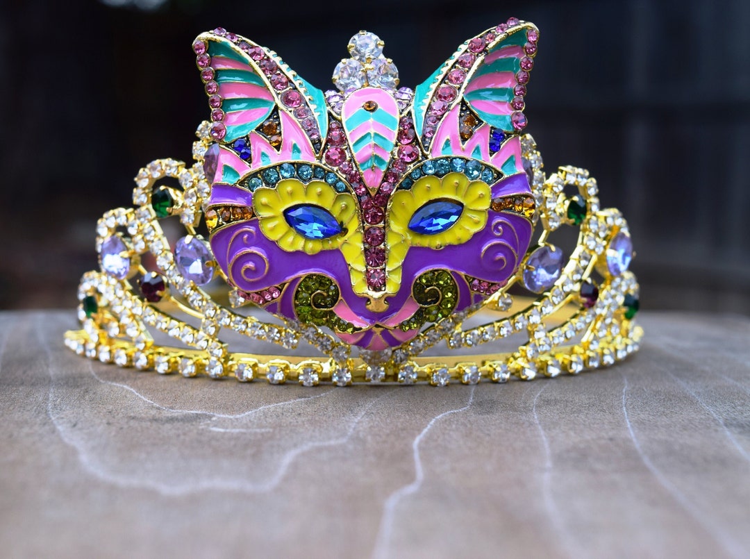 Mardi Gras Crown, Gold Cat Face Tiara, Cat Mask Headpiece, Colorful Cat ...