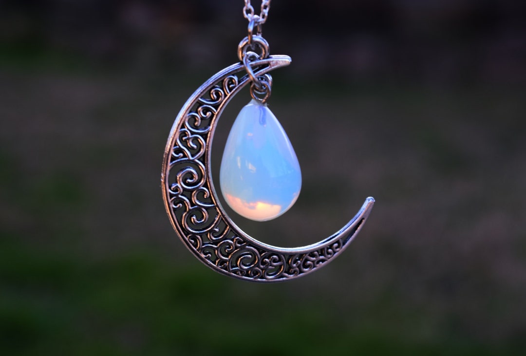 Moon Drops Necklace, Crescent Moon With Teardrop Opalite Crystal ...