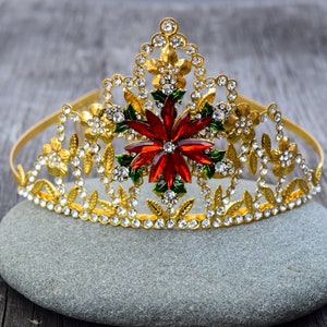 Christmas Tiara, Poinsettia Crown, Holiday Pageant Crown, Gold ...