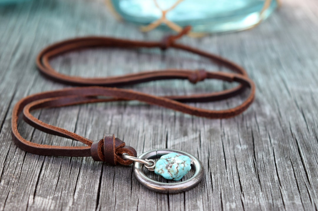 Leather Raw Turquoise Howlite Stone Necklace, Adjustable, Geometric ...