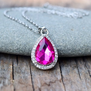 New Sofia Pink Amulet Necklace, Dark Pink Rhinestone Tear Drop Necklace ...